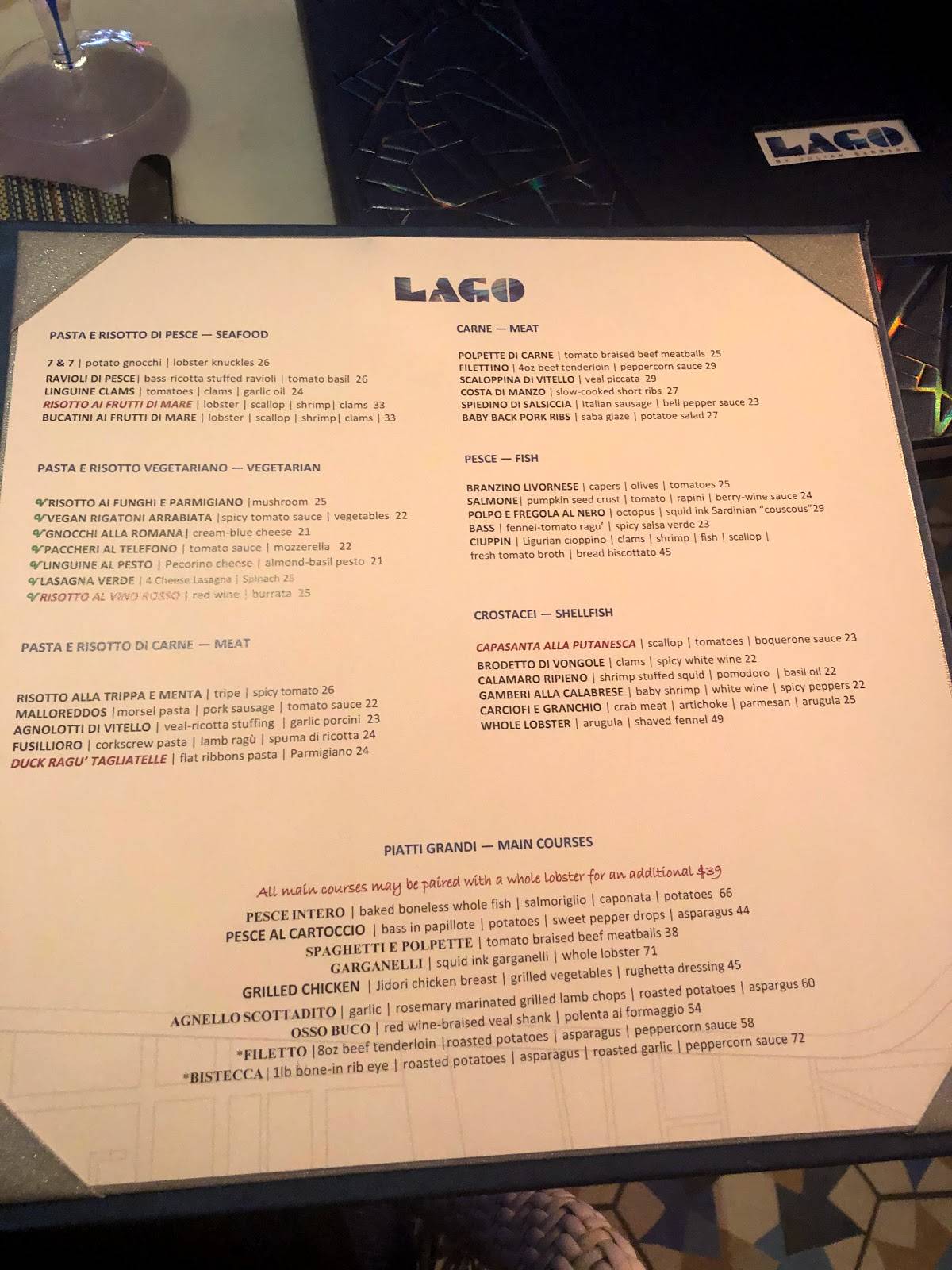 Menu at Lago restaurant, Las Vegas, 3600 S Las Vegas Blvd