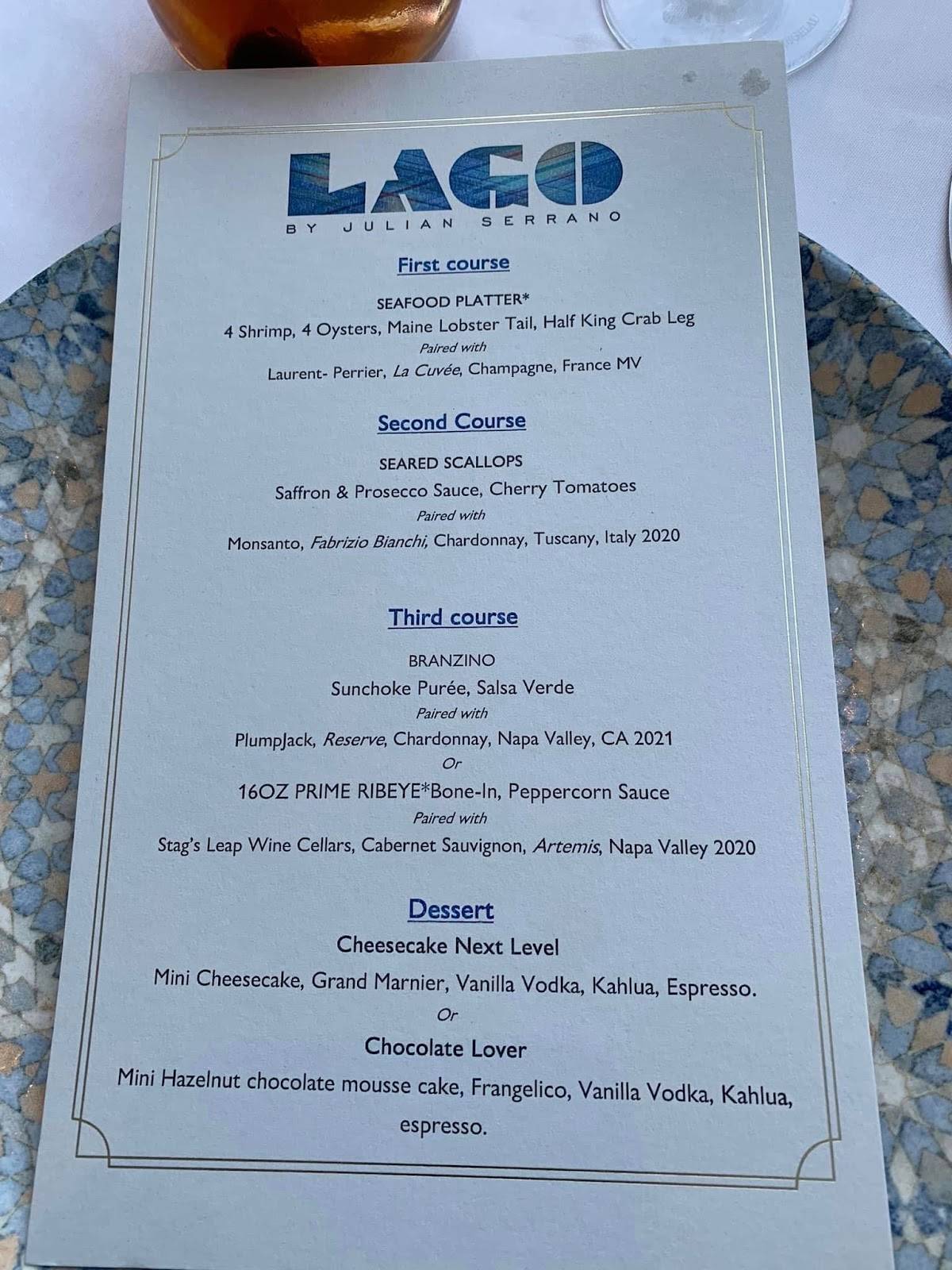Menu at Lago restaurant, Las Vegas, 3600 S Las Vegas Blvd