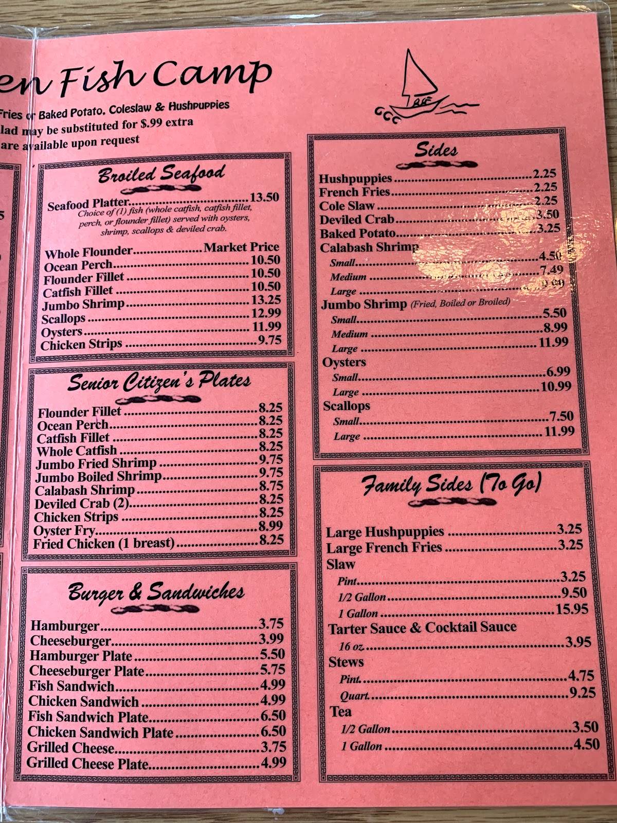 Menu at Lake Bowen Fish Camp restaurant, USA