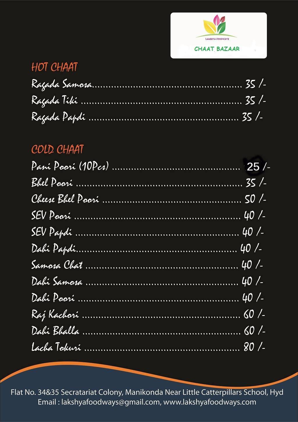 Menu at Lakshya Foodways Chaat Bazaar, Hyderabad