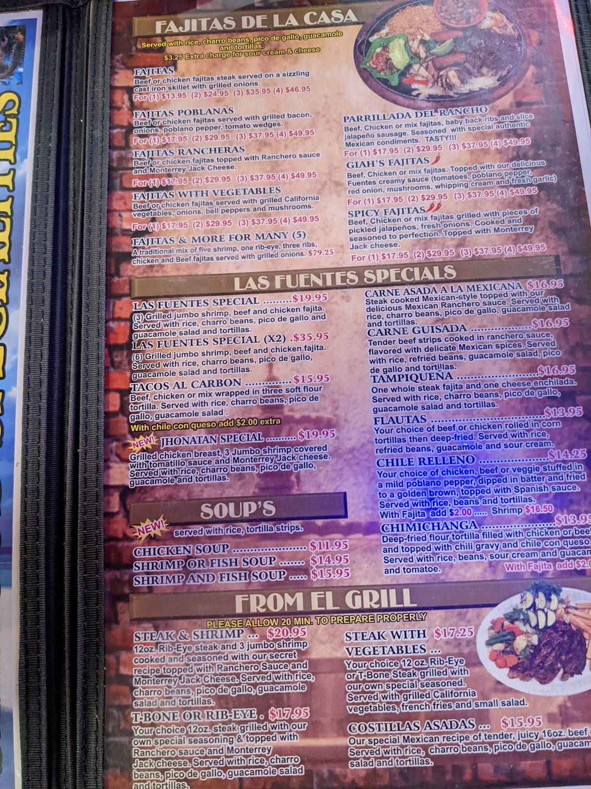 Menu at Las Fuentes restaurant, La Grange
