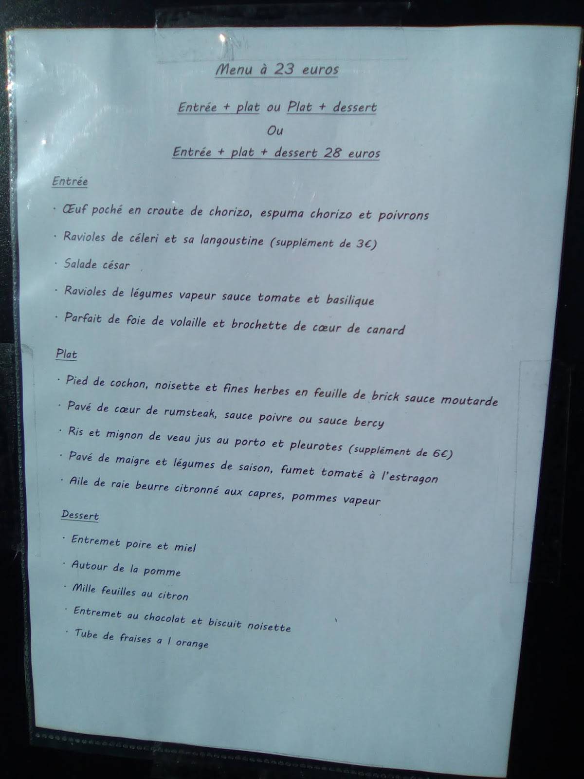 Menu au Le Petit Prince restaurant, Chartres