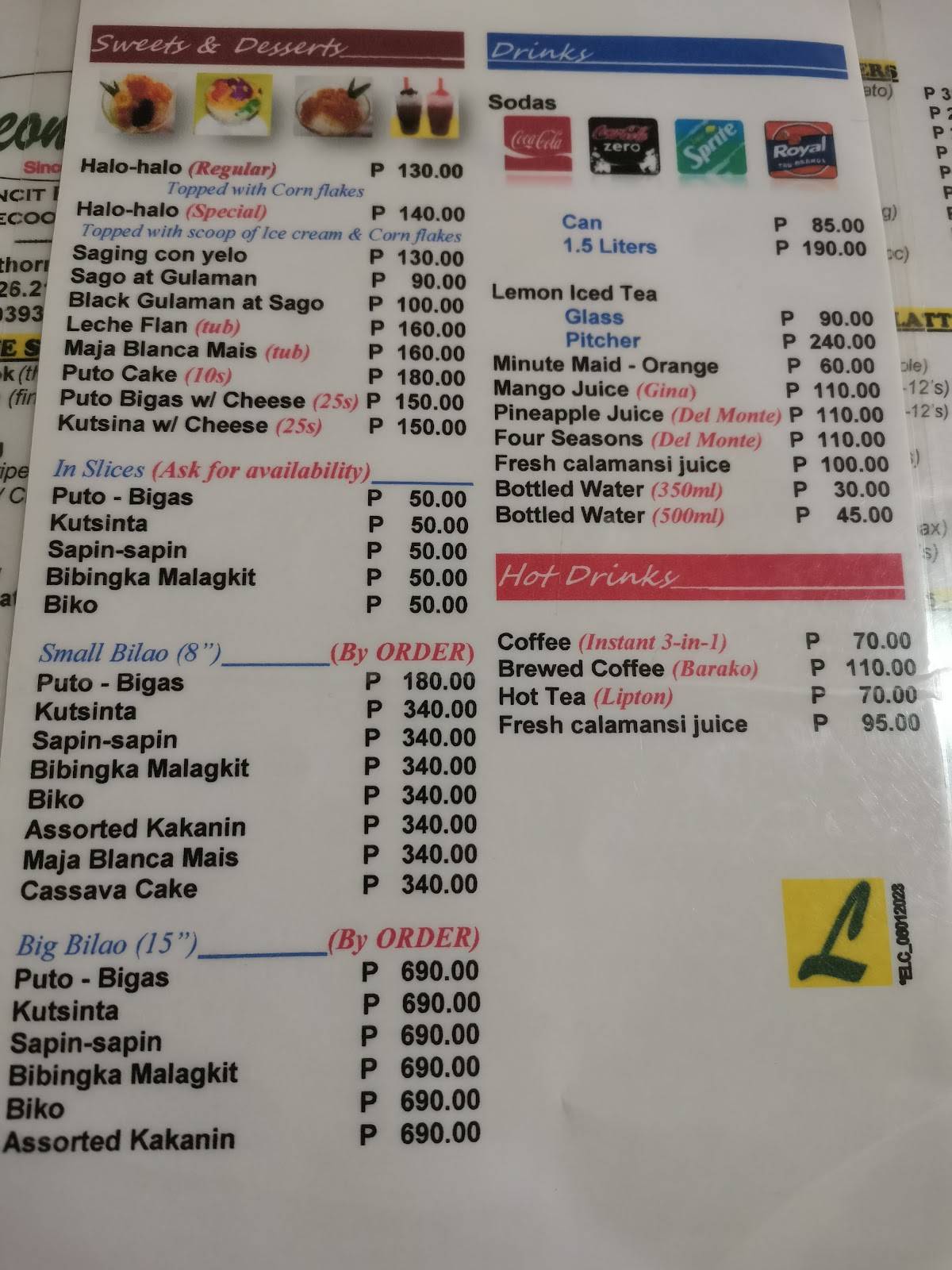 Menu at Leoning's Pancit Palabok restaurant, Quezon City, 1106 Shorthorn St