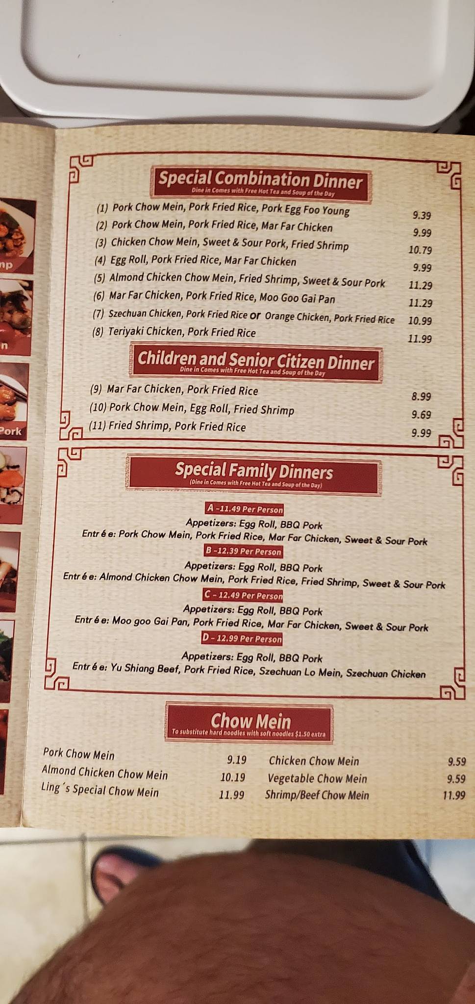 Menu at Ling's restaurant, White City