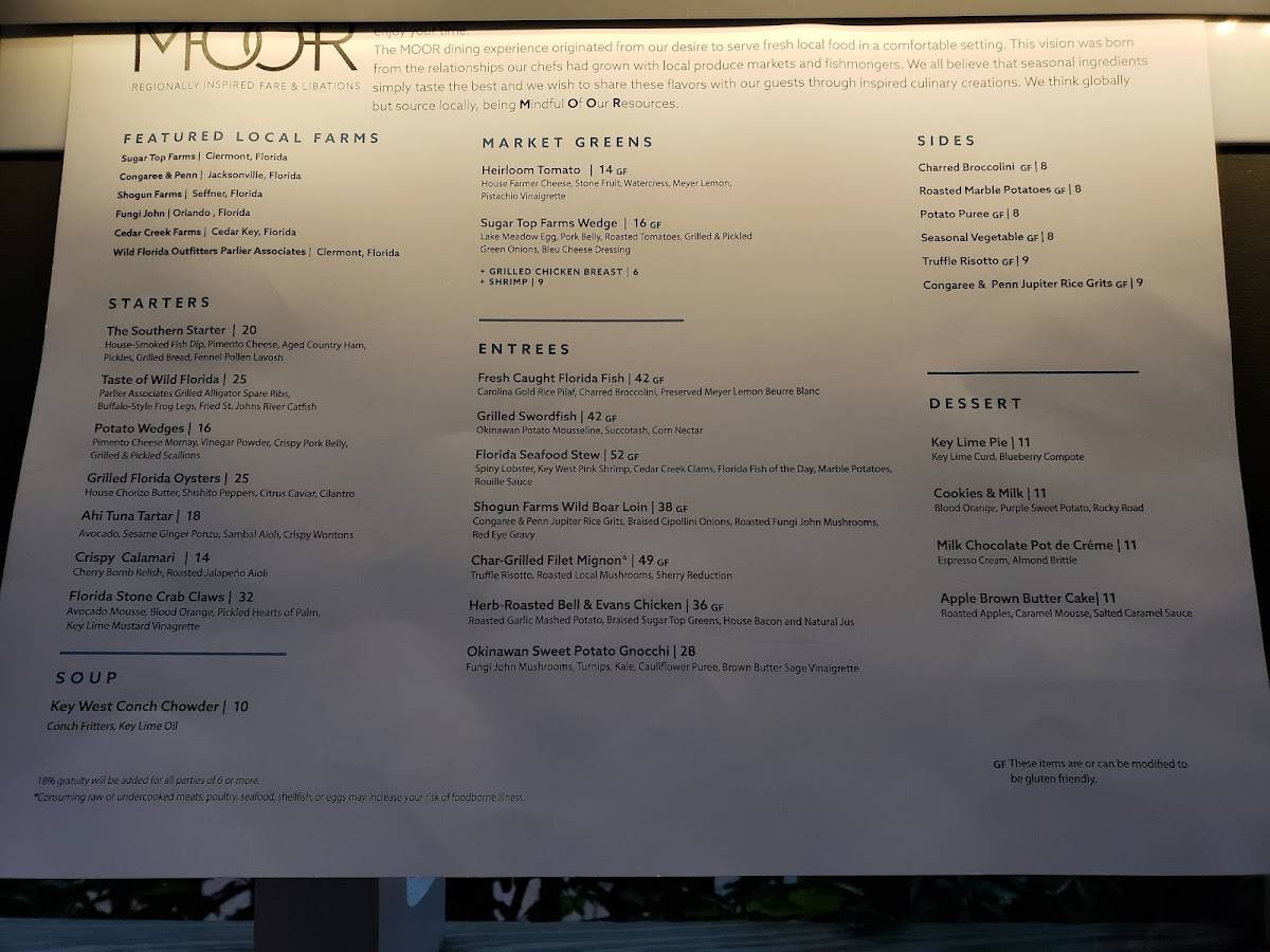 Menu at MOOR restaurant, Kissimmee