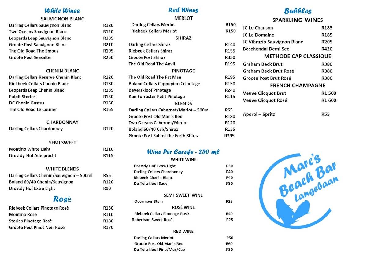 Menu at Marc's Beach Bar, Langebaan, Club Mykonos Resort