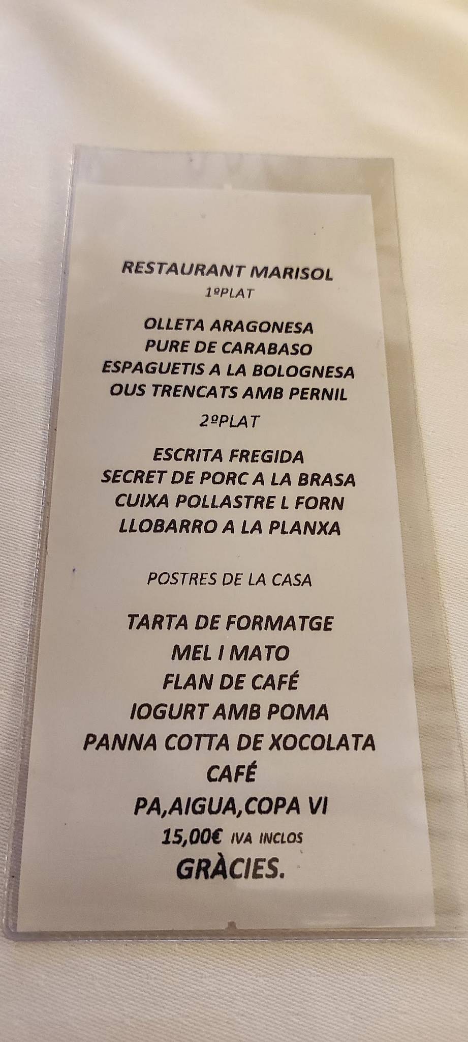 Carta de Restaurant Marisol, Els Valentins, Carrer Major