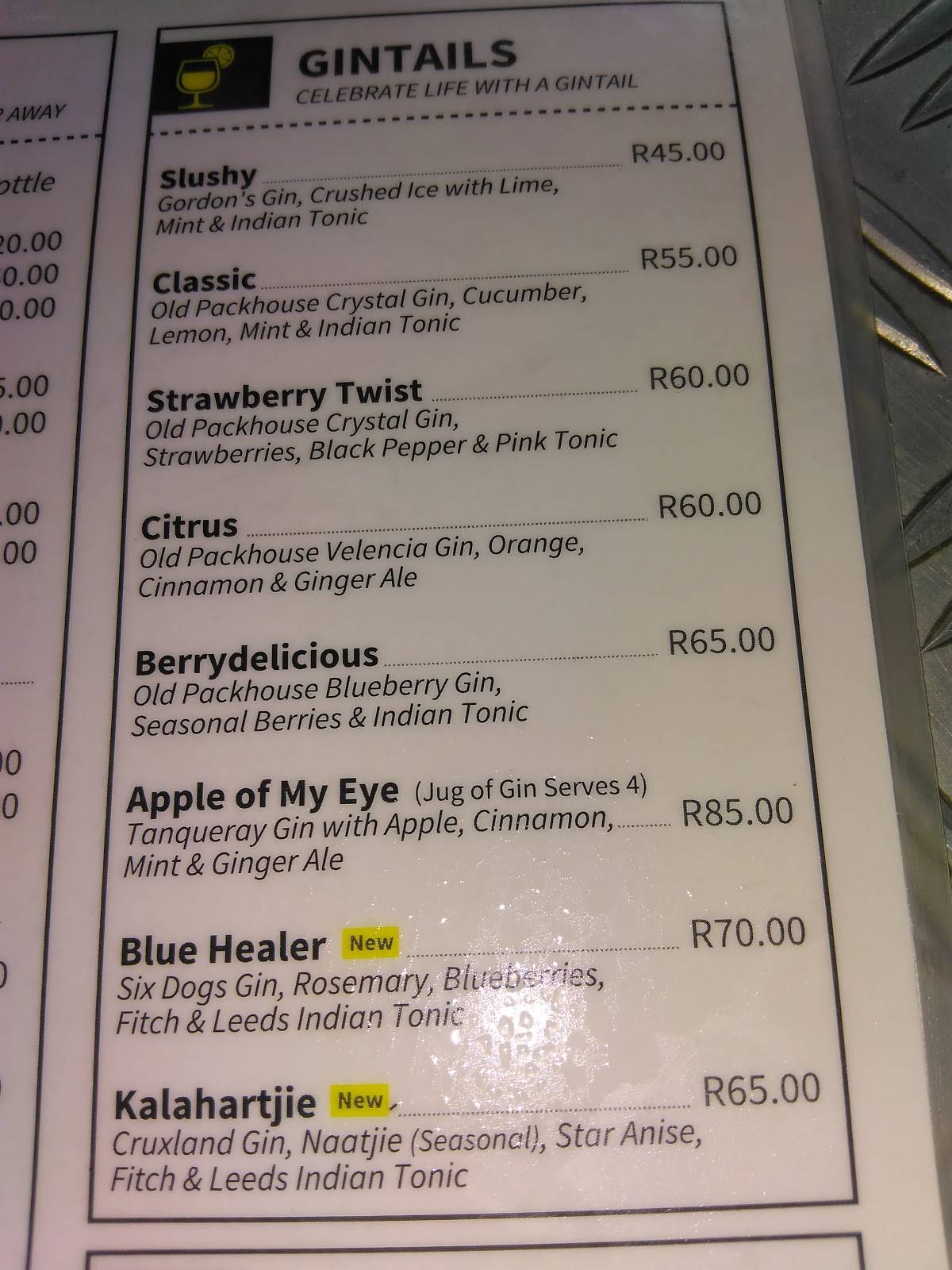 Menu at Maroela Bar, Hoedspruit