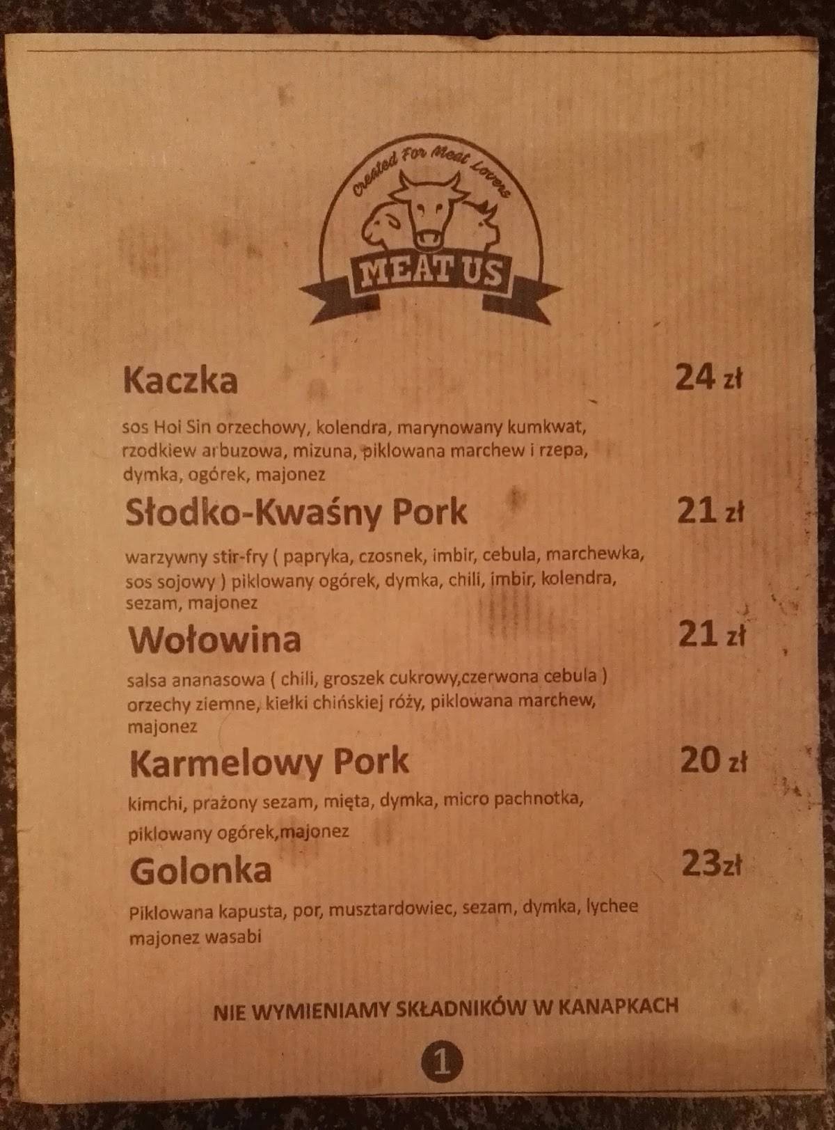Menu at Meat Us restaurant, Poznań