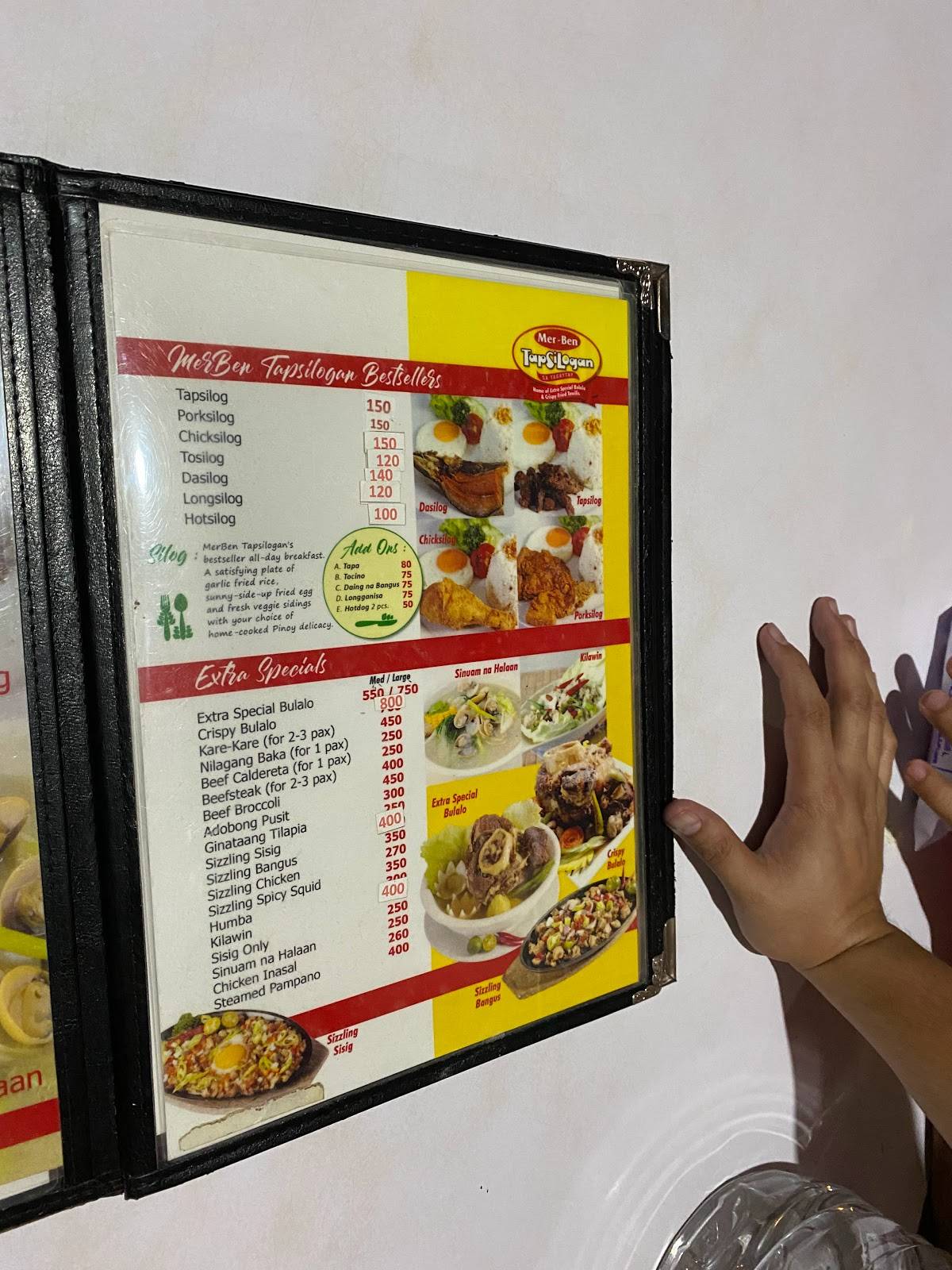Menu at Mer-Ben Tapsilogan restaurant, Laurel, 53 Emilio Aguinaldo Highway