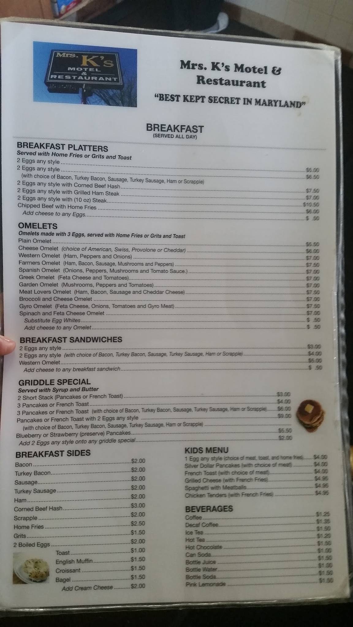 Menu at Mrs. K's Restaurant, Upper Marlboro