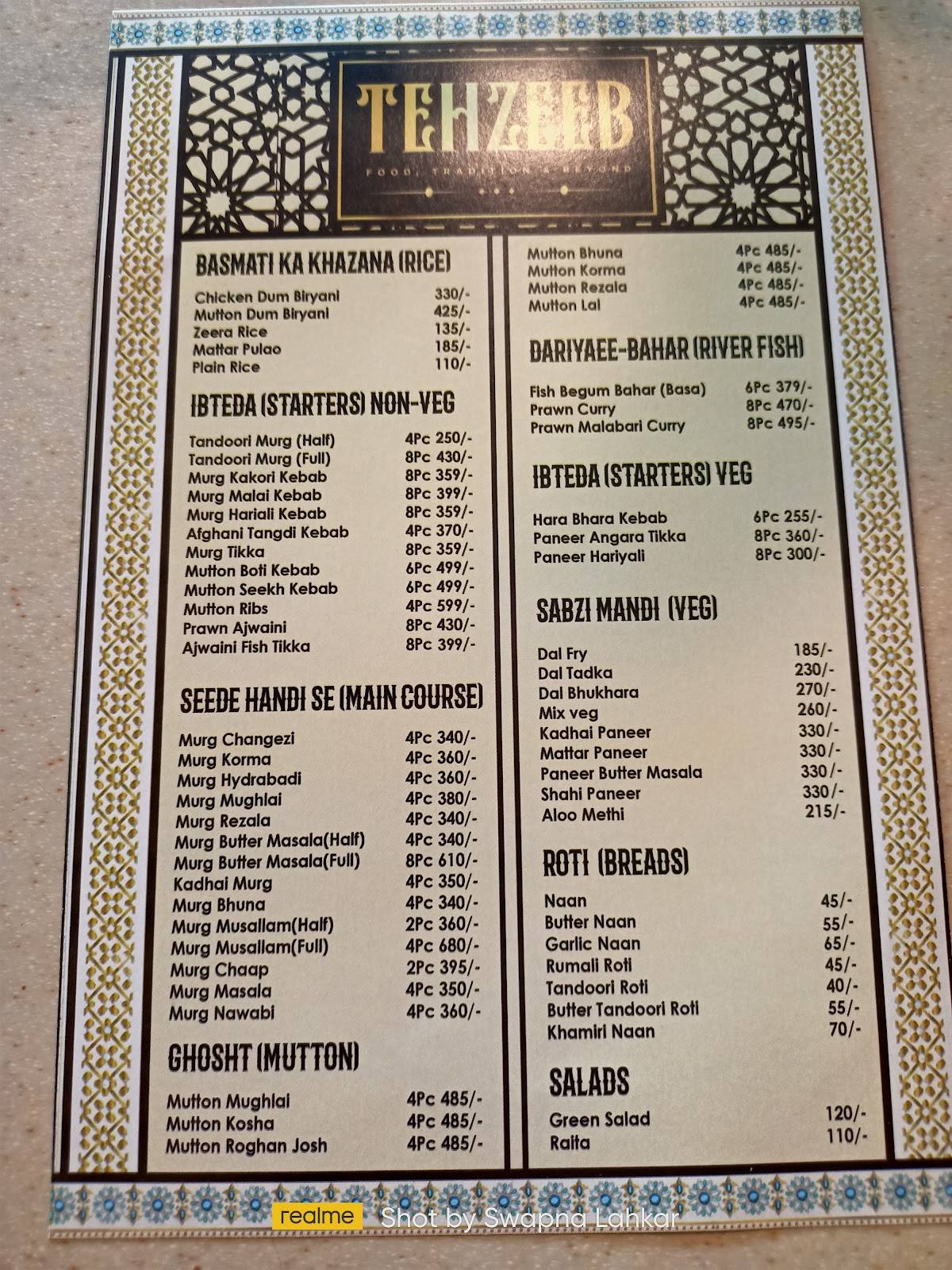 Menu at Tehzeeb, Guwahati, Hatigaon Main Rd