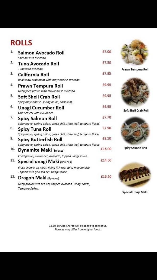 Menu at NALA Japanese Restaurant, London