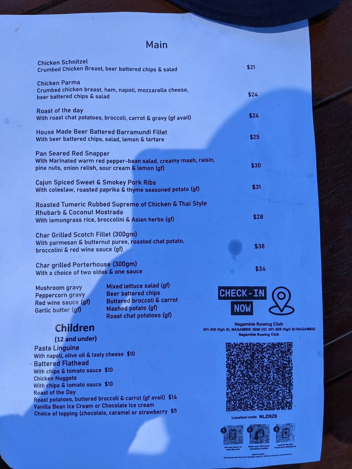 Menu at Nagambie Rowing Club, Nagambie