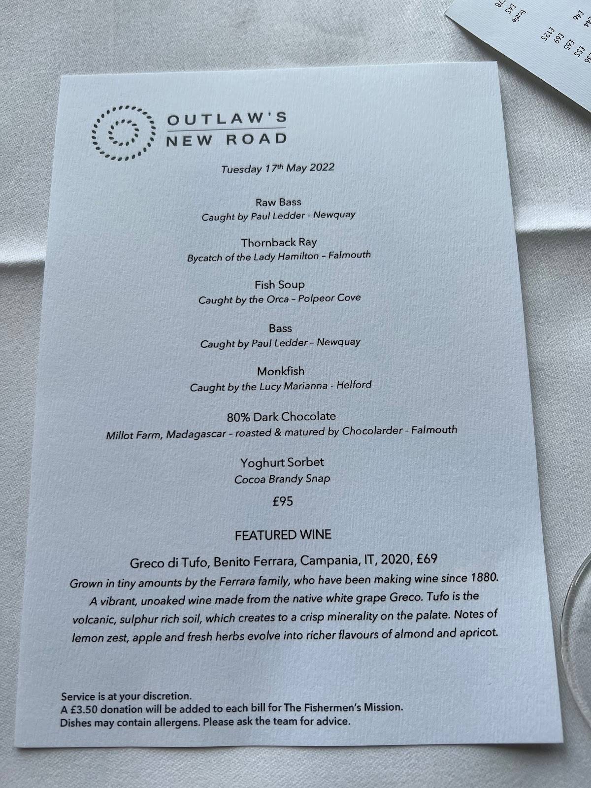 Menu at Outlaw's New Road restaurant, Port Isaac