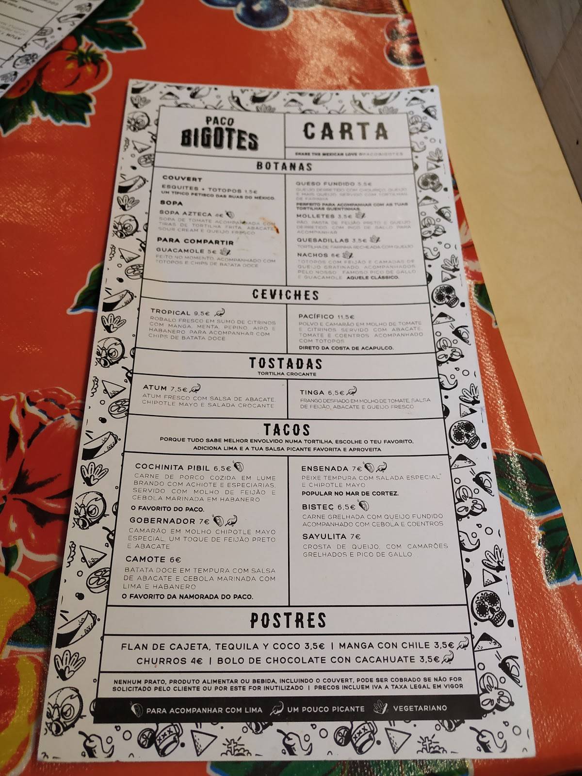 Menu at Paco Bigotes restaurant, Estoril