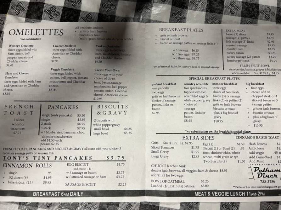 Menu at Pelham Diner restaurant, Pelham