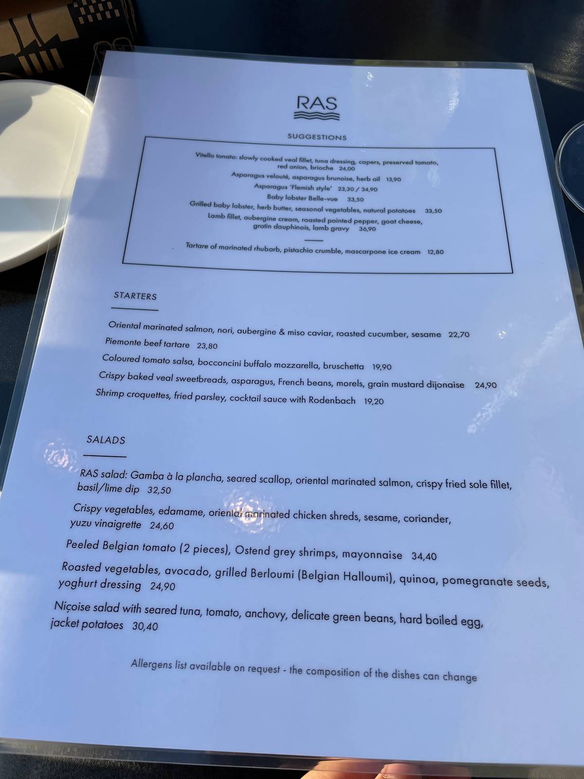 Menu at RAS, Antwerp