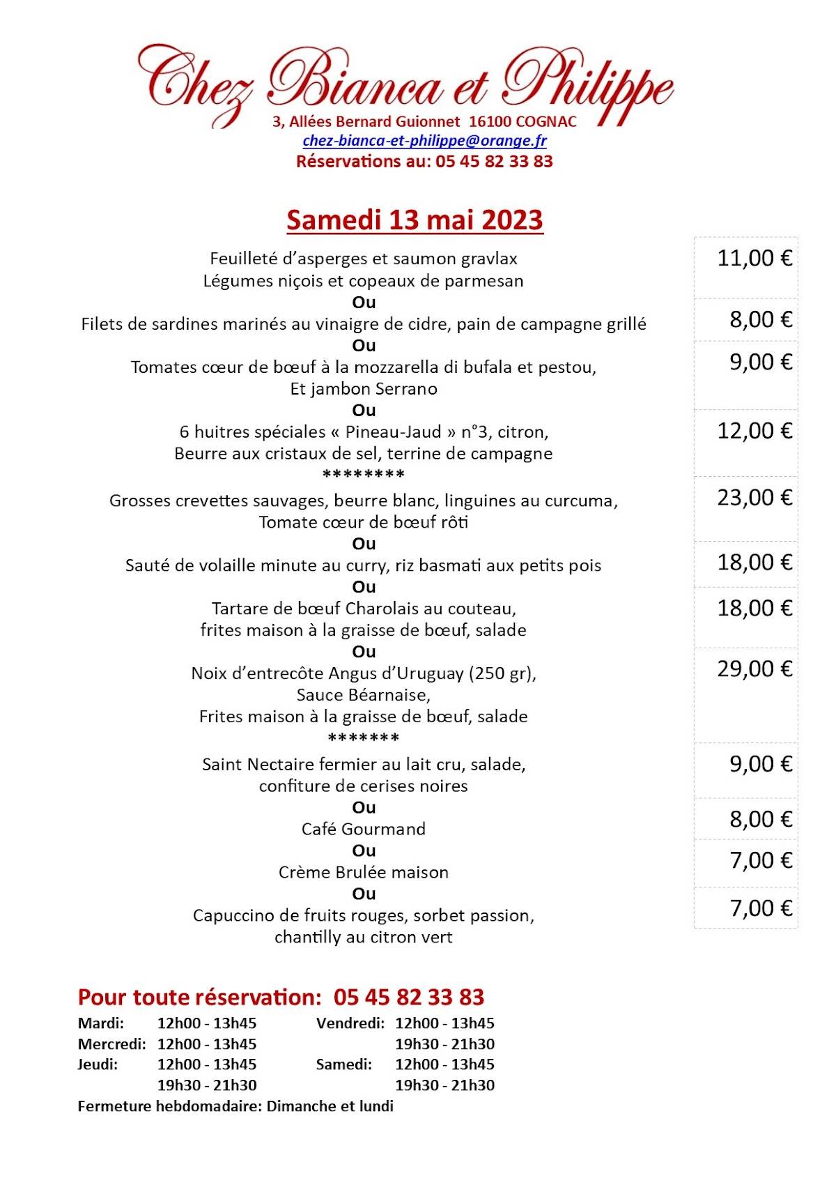 Menu au La Rôtisserie de Philippe restaurant, Cognac
