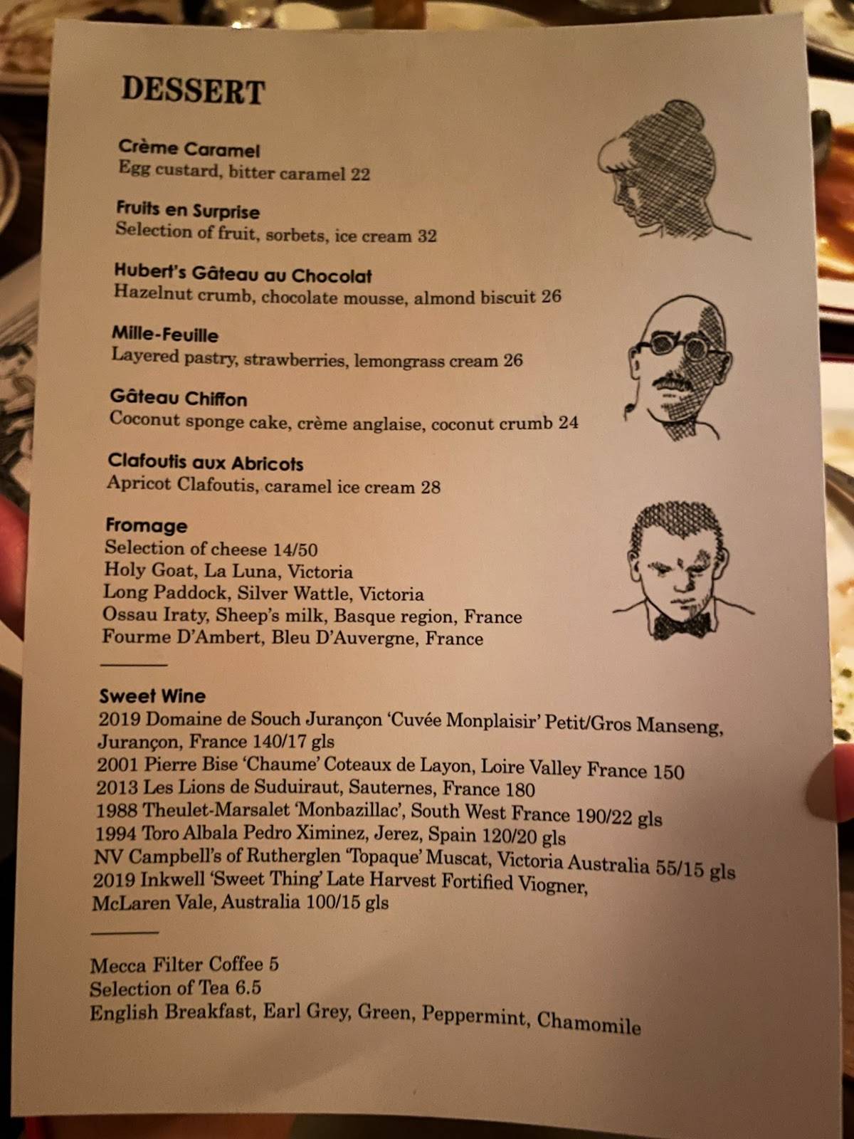Menu at Restaurant Hubert, Sydney