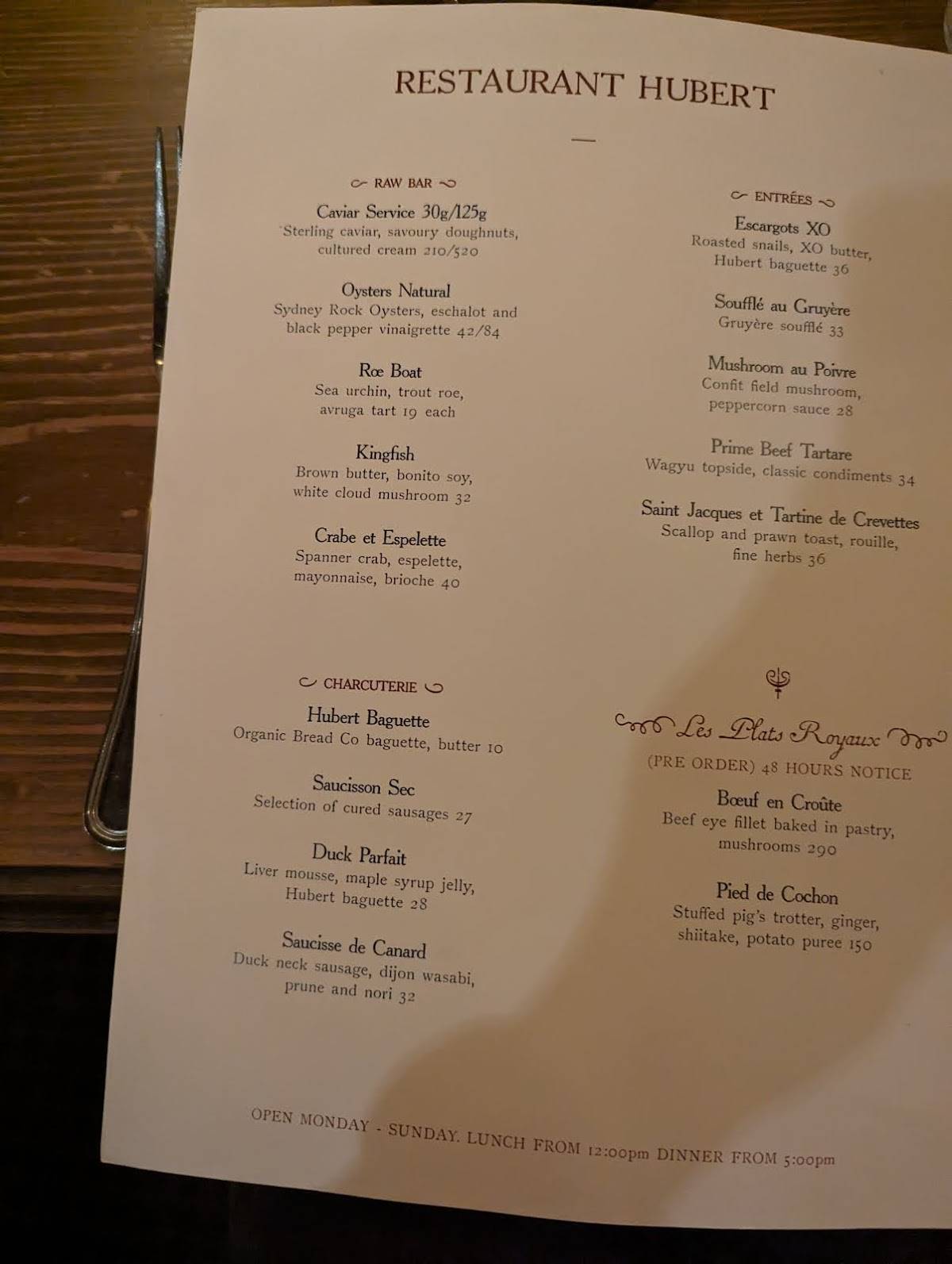 Menu at Restaurant Hubert, Sydney