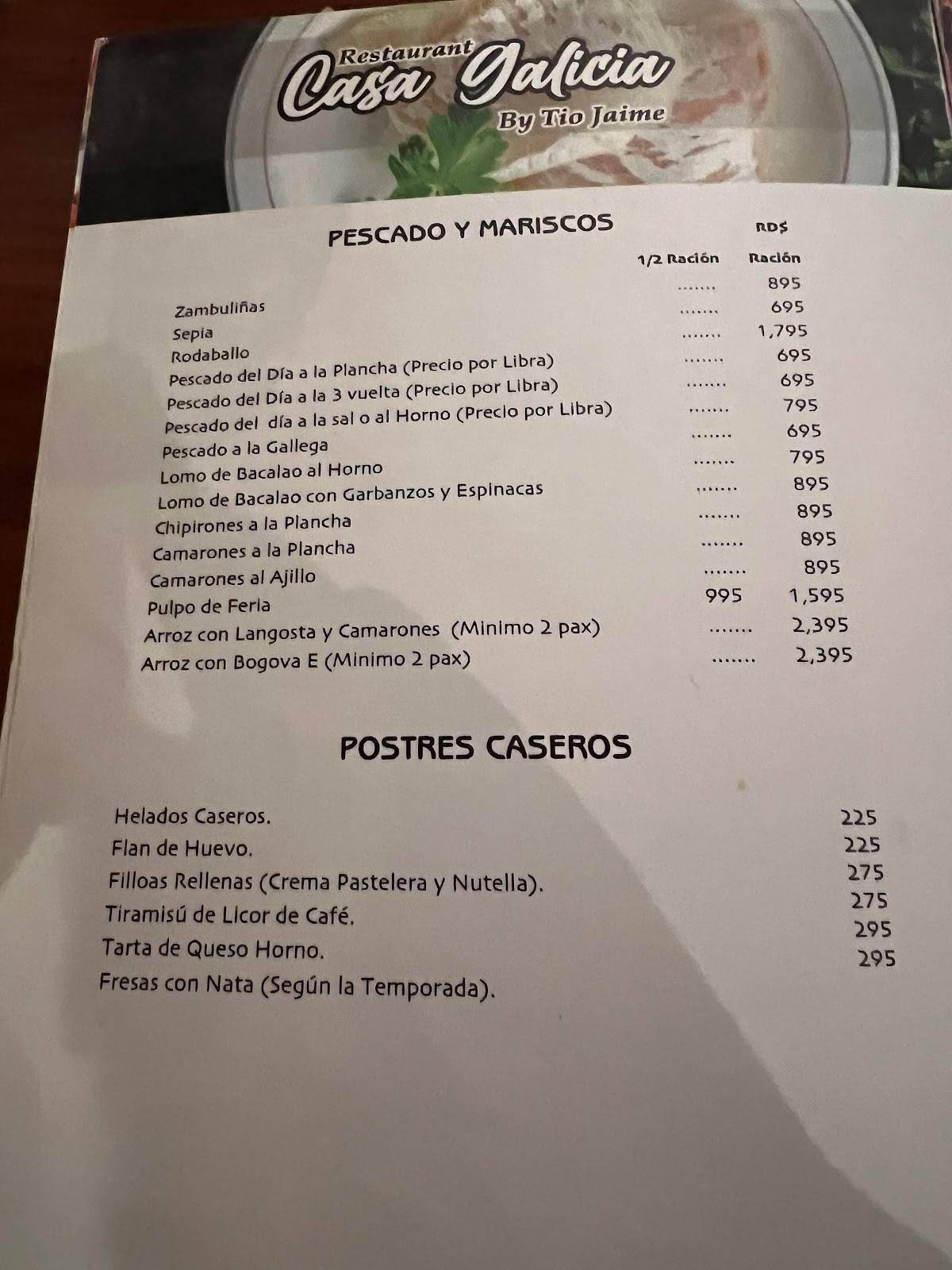 Carta de Restaurante Casa Galicia By Tio Jaime, Punta Cana, Ocean Dr