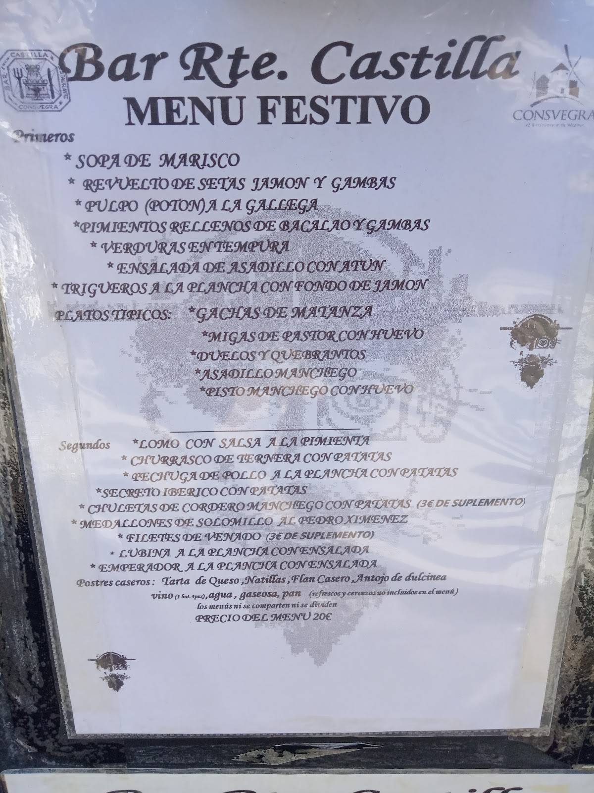 Carta de Restaurante Castilla, Consuegra