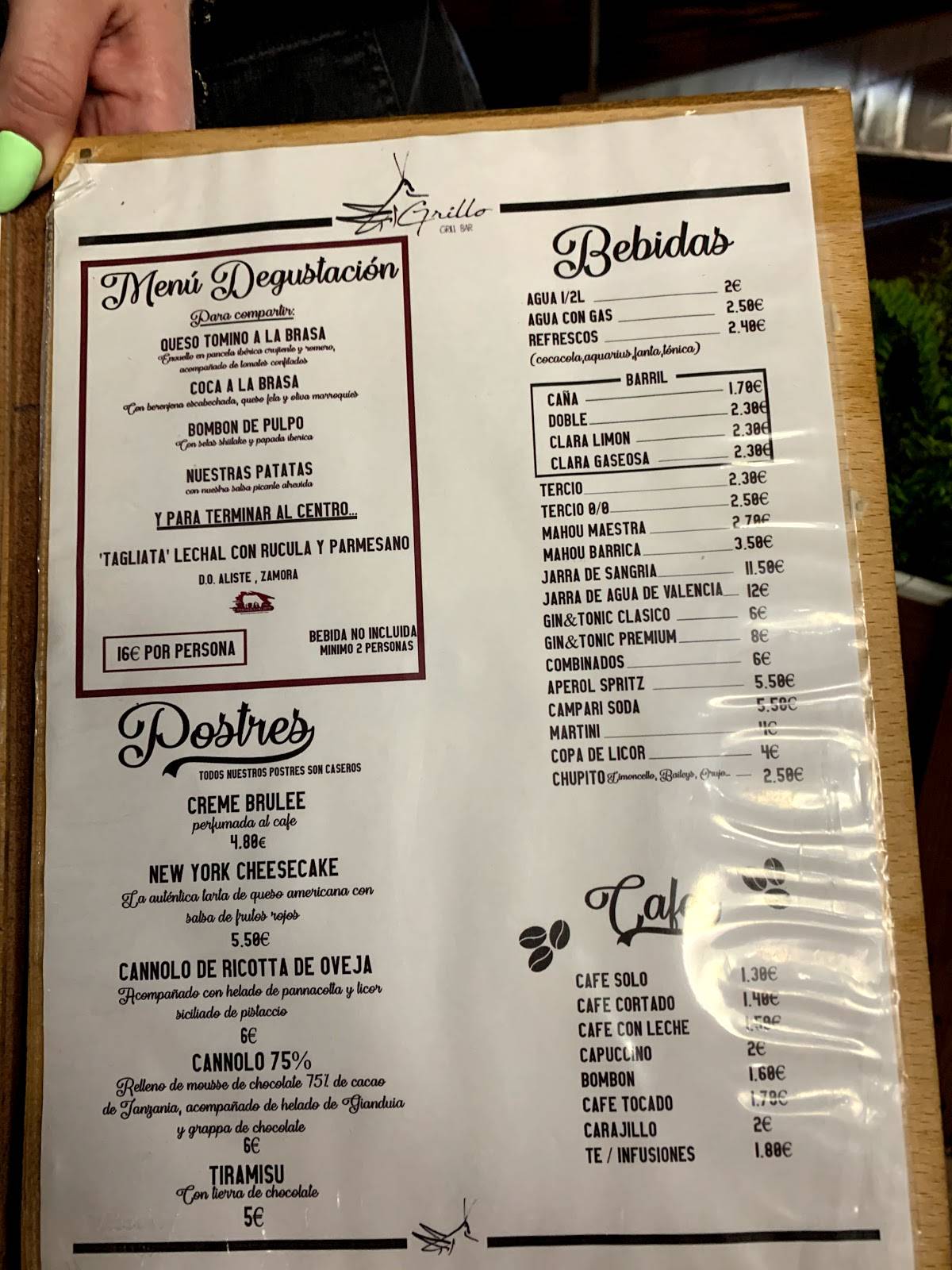 Menu at Restaurante Grillo Grill Bar, Valencia