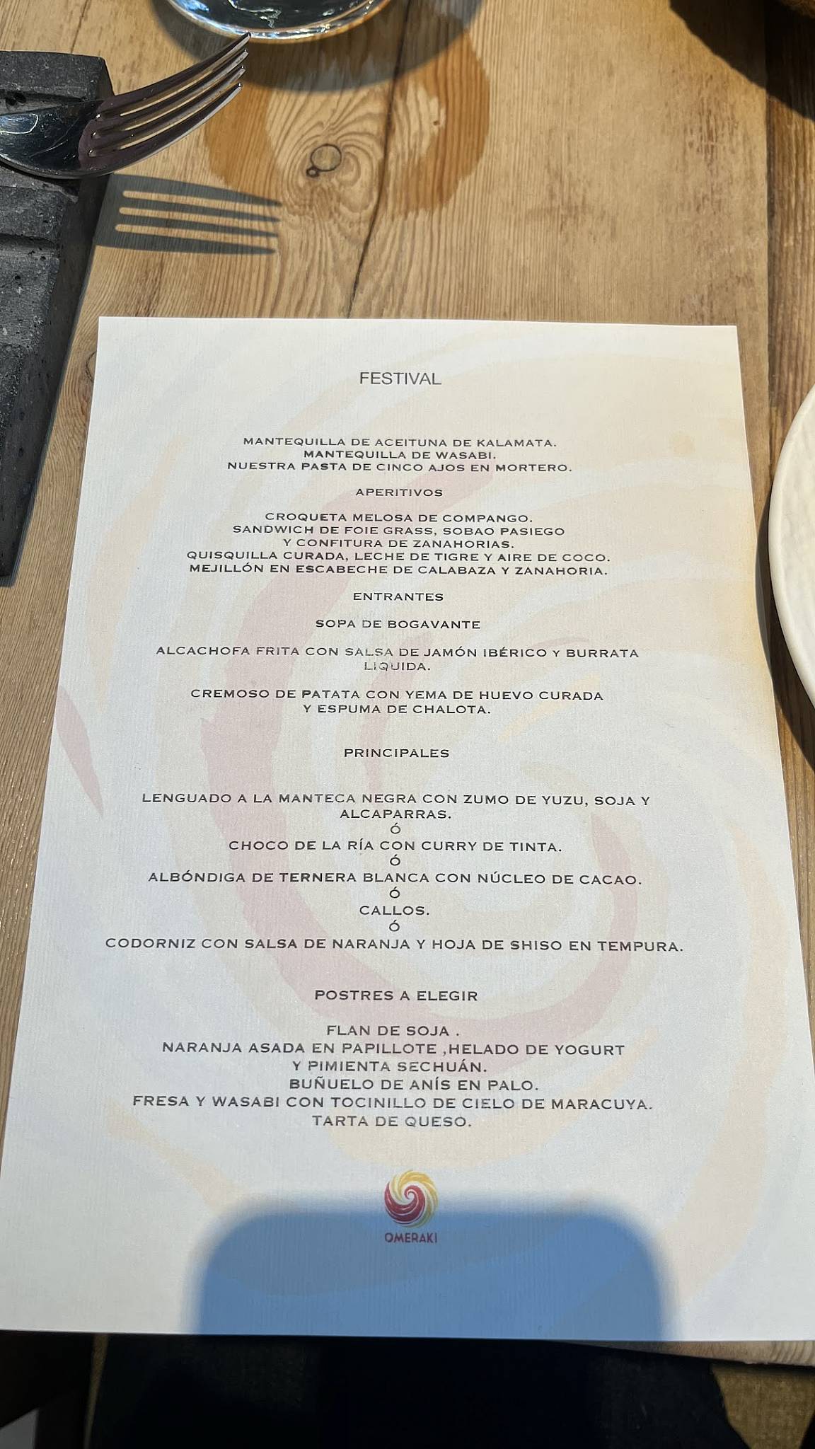Carta de Restaurante Omeraki. By Alberto Chicote., Madrid