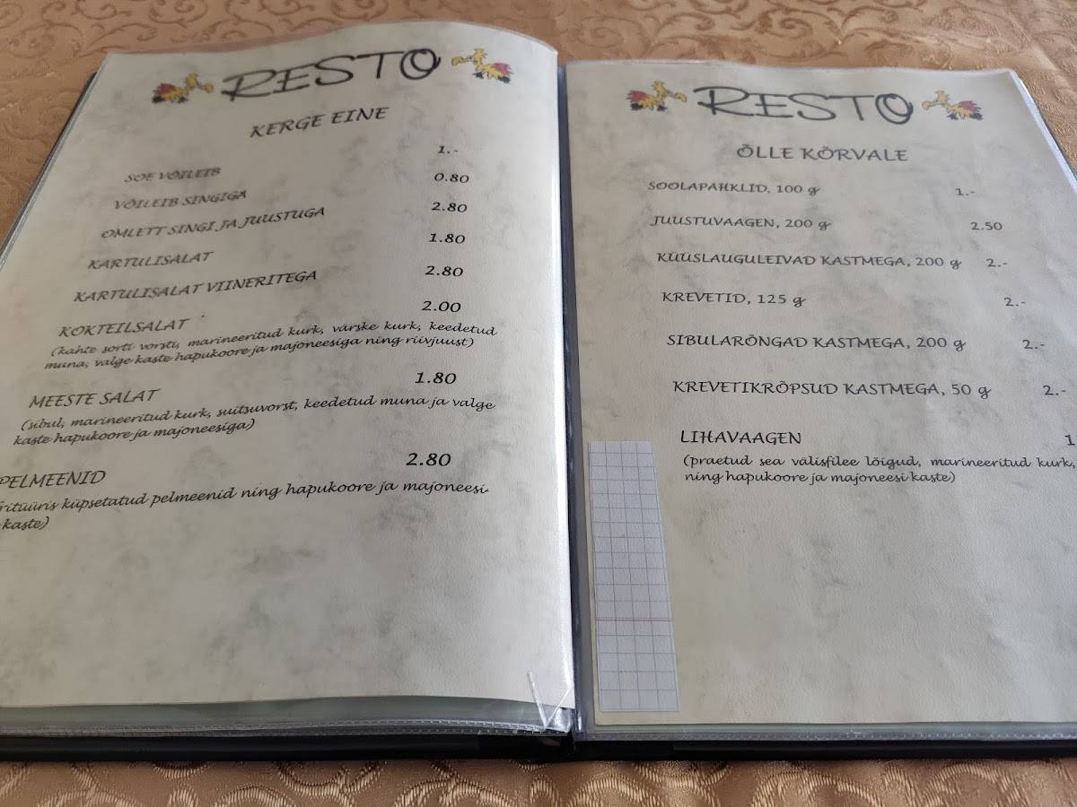 Menu at Resto restaurant, Kilingi-Nõmme