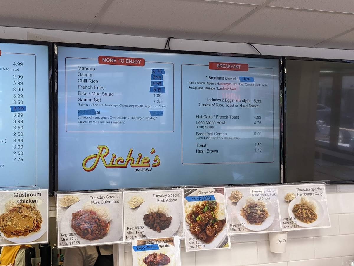 Menu at Richie's Drive Inn restaurant, Honolulu