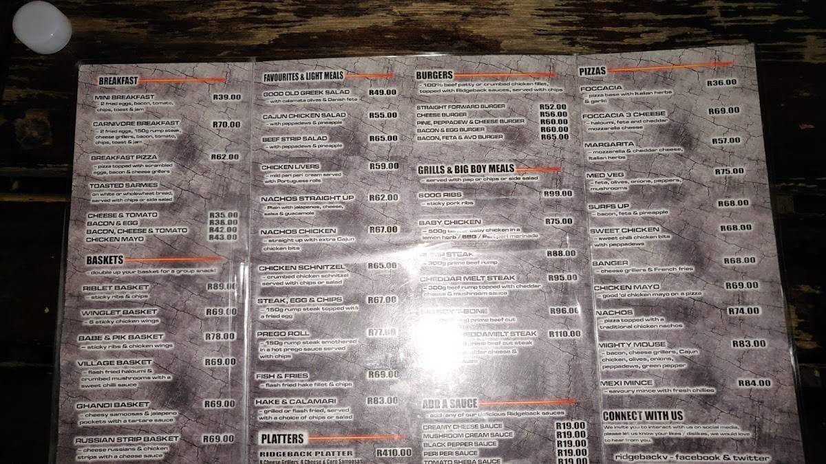 Menu at Ridgeback Village Restaurant, Pretoria, 129 South St