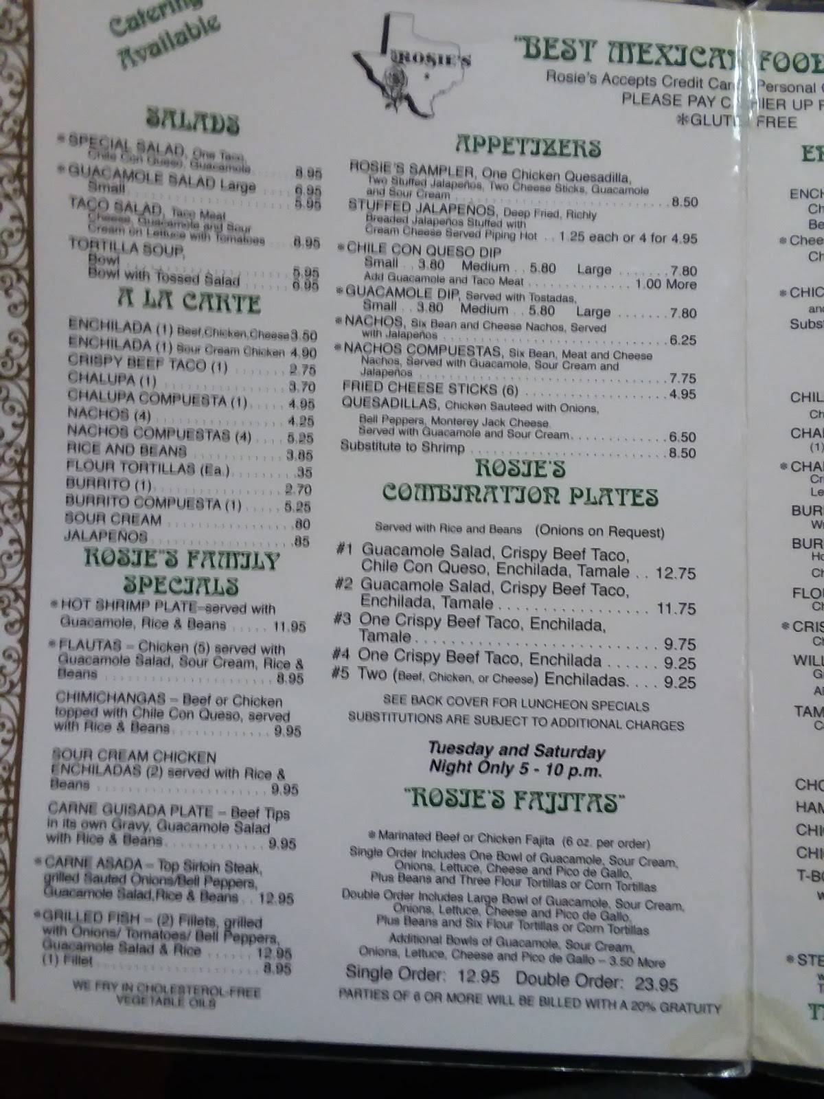 Menu at Rosie's Tamale House restaurant, Bee Cave, State Hwy 71