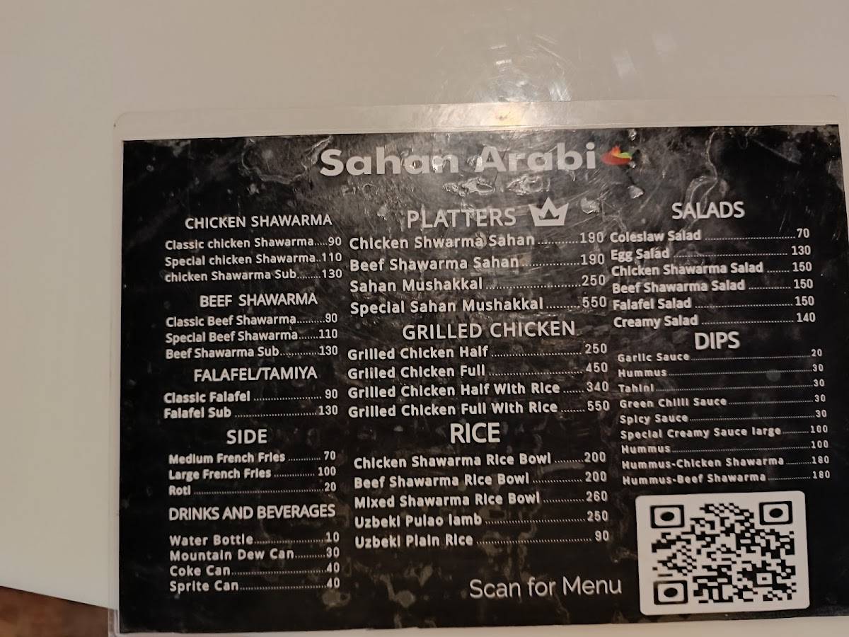 Menu at Sahan Arabi, Hyderabad