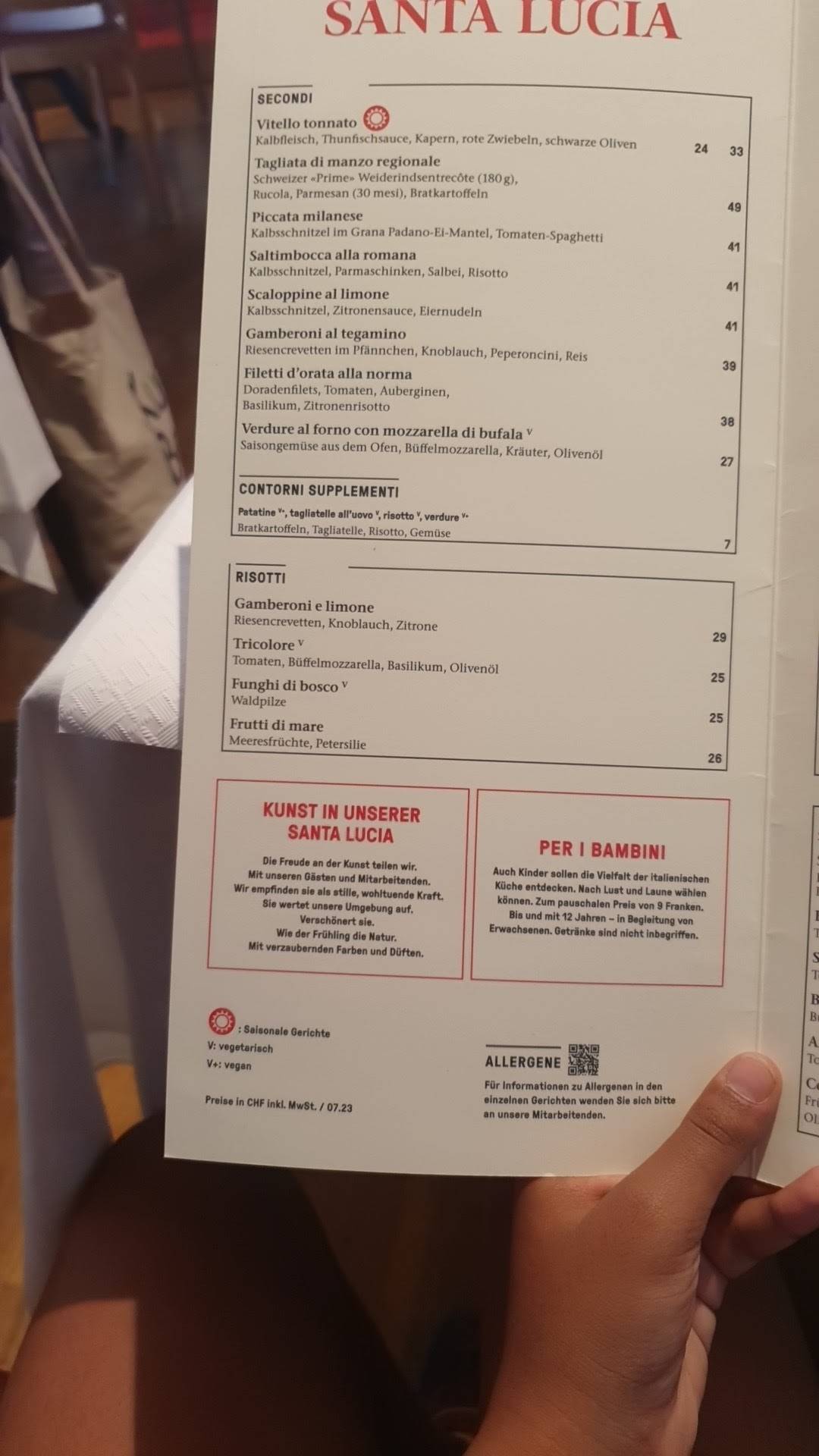 Menu at Santa Lucia, Zürich, Schaffhauserstrasse 345