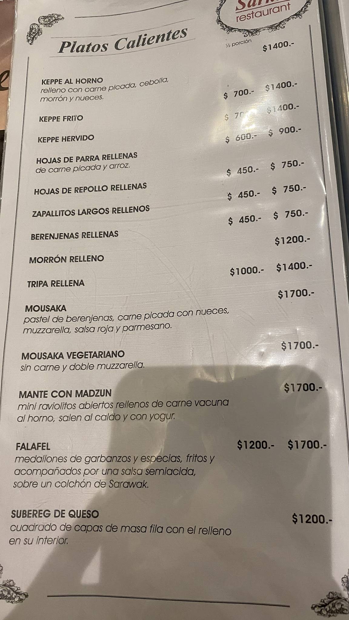 Menu at Sarkis restaurant, Buenos Aires