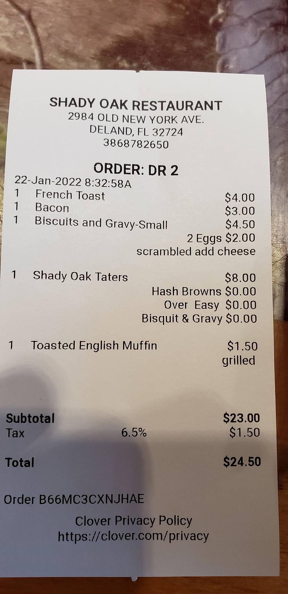 Menu at Shady Oak Restaurant, DeLand, New York Ave W