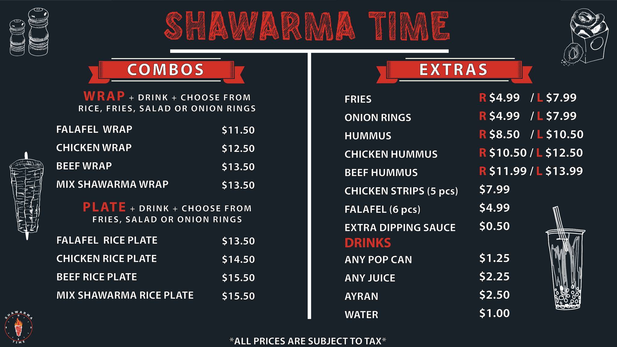 Menu au Shawarma Time restaurant, Hamilton