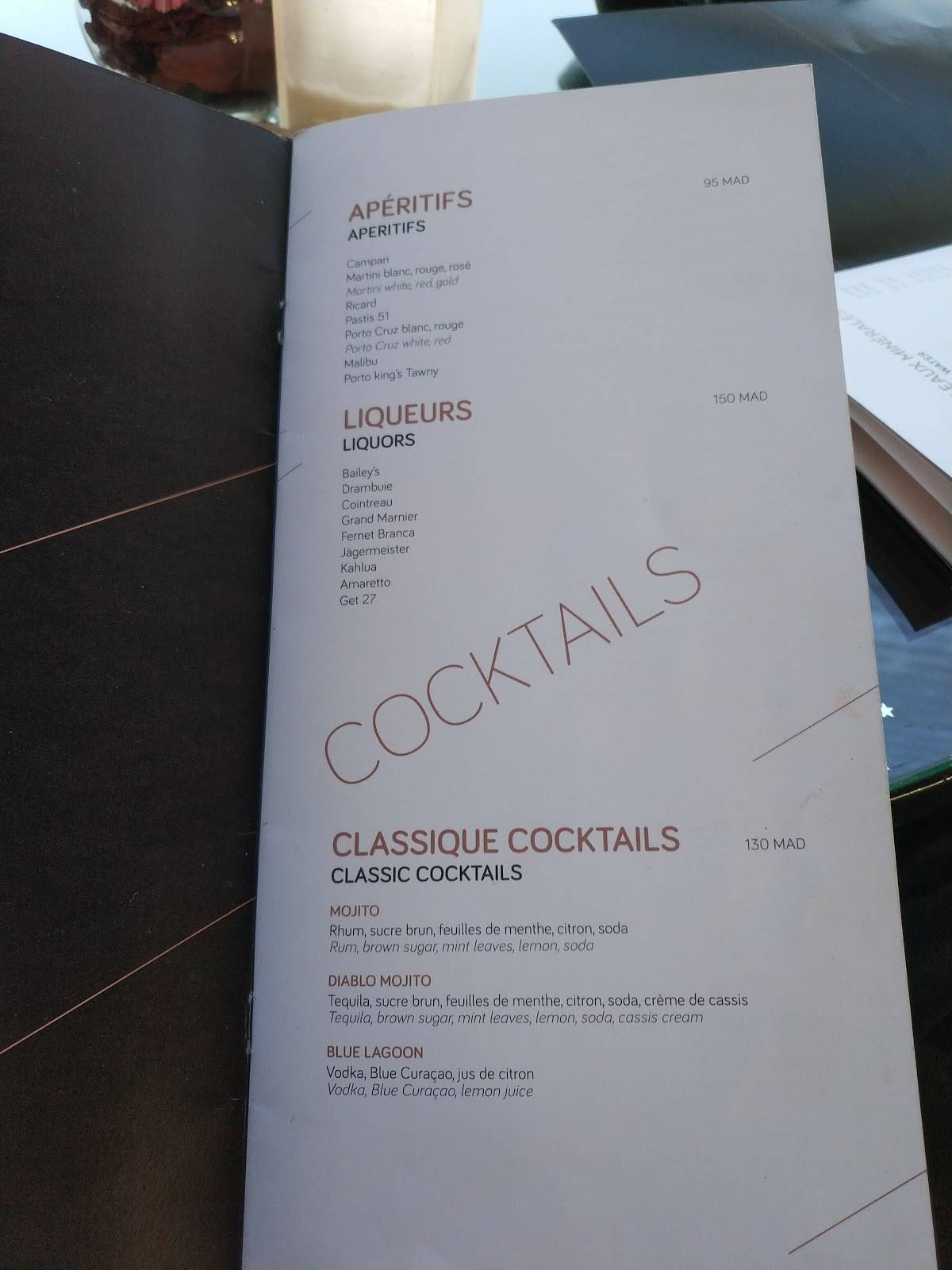 Menu au Sky 28 restaurant, Casablanca