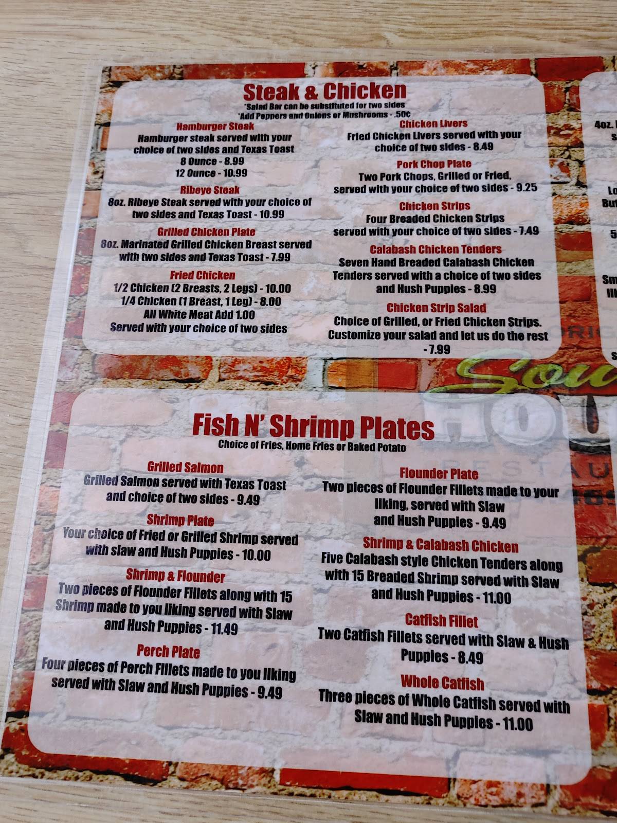 Menu at South House Restaurant, Greer
