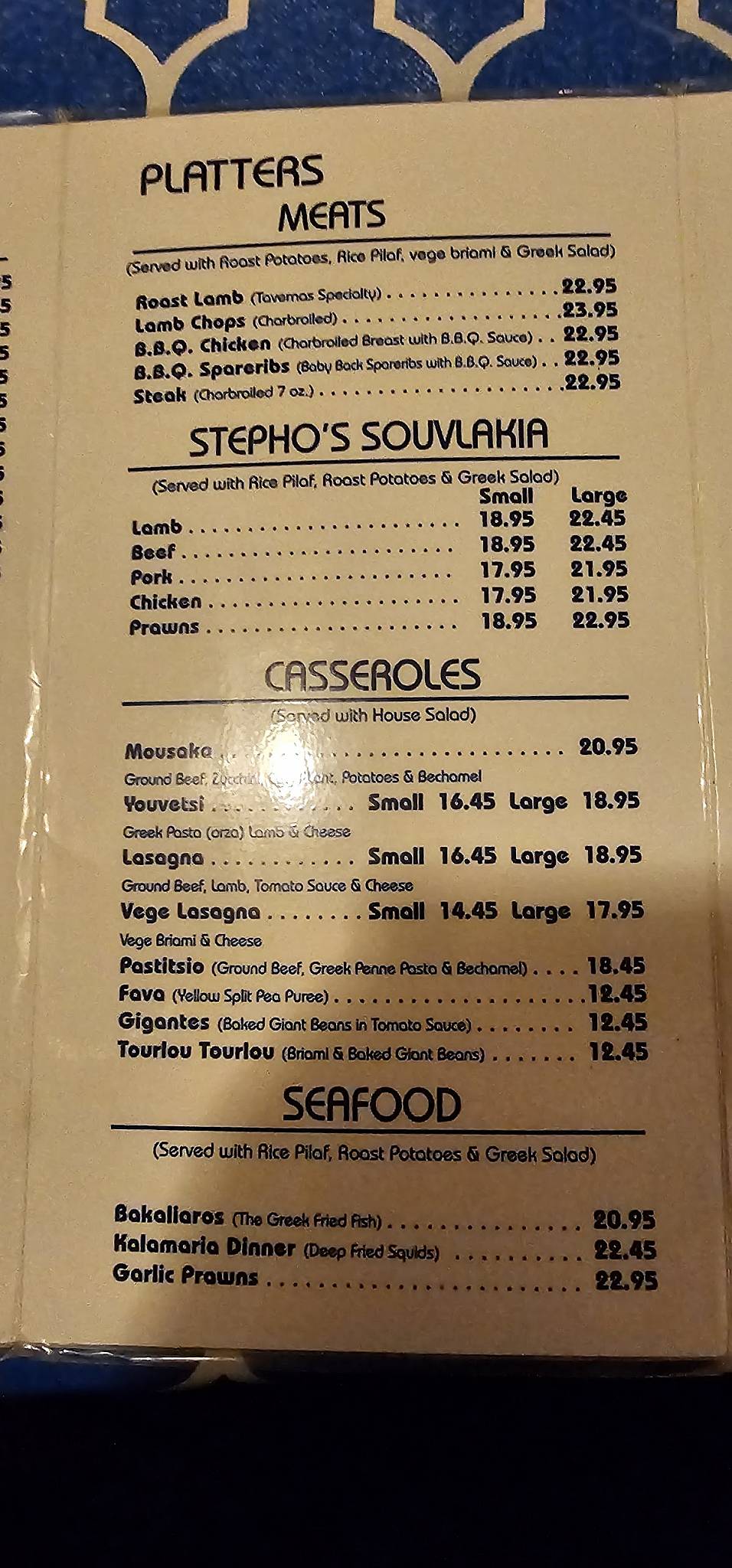 Menu at Stepho's Souvlaki Greek Taverna restaurant, Vancouver, Davie St