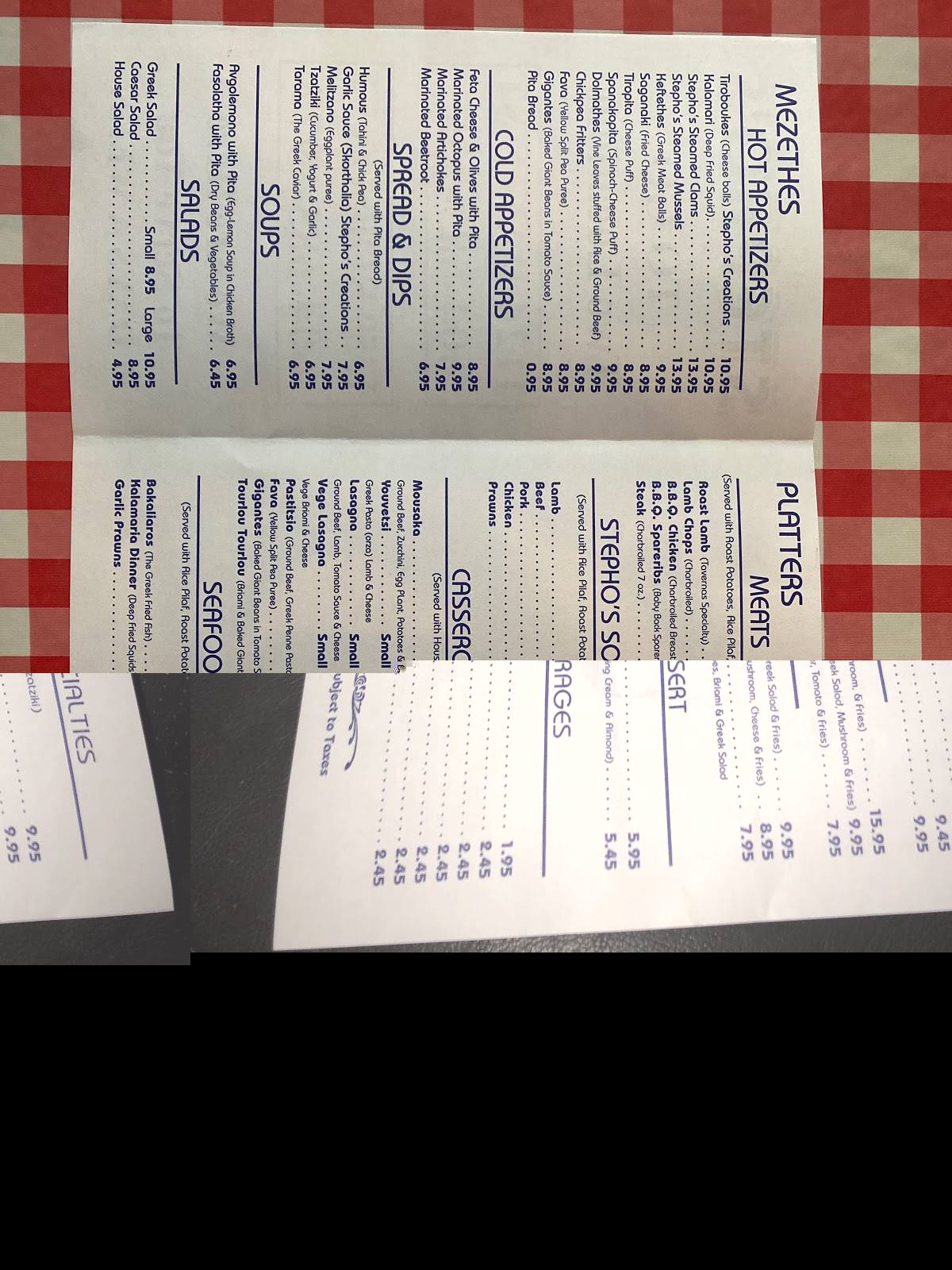 Menu at Stepho's Souvlaki Greek Taverna restaurant, Vancouver, Davie St