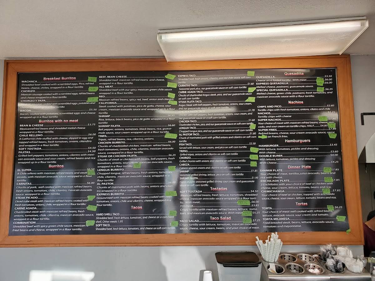 Menu at Super Taco Express restaurant, Vancouver