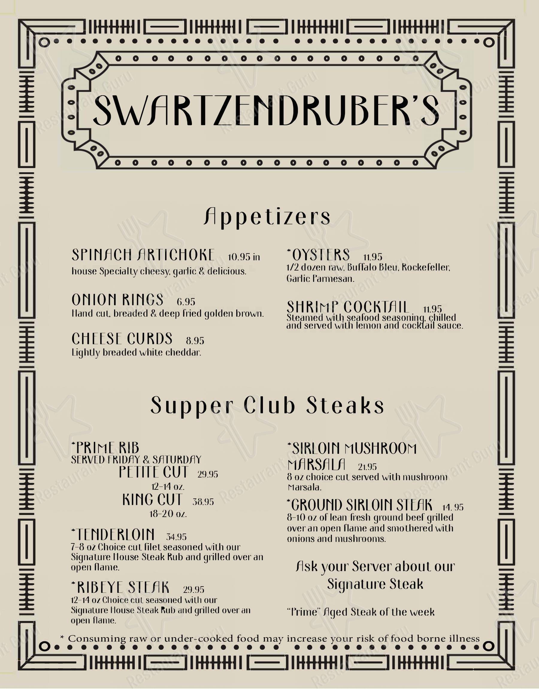 Menu at Swartzendruber Supper Club, Antigo