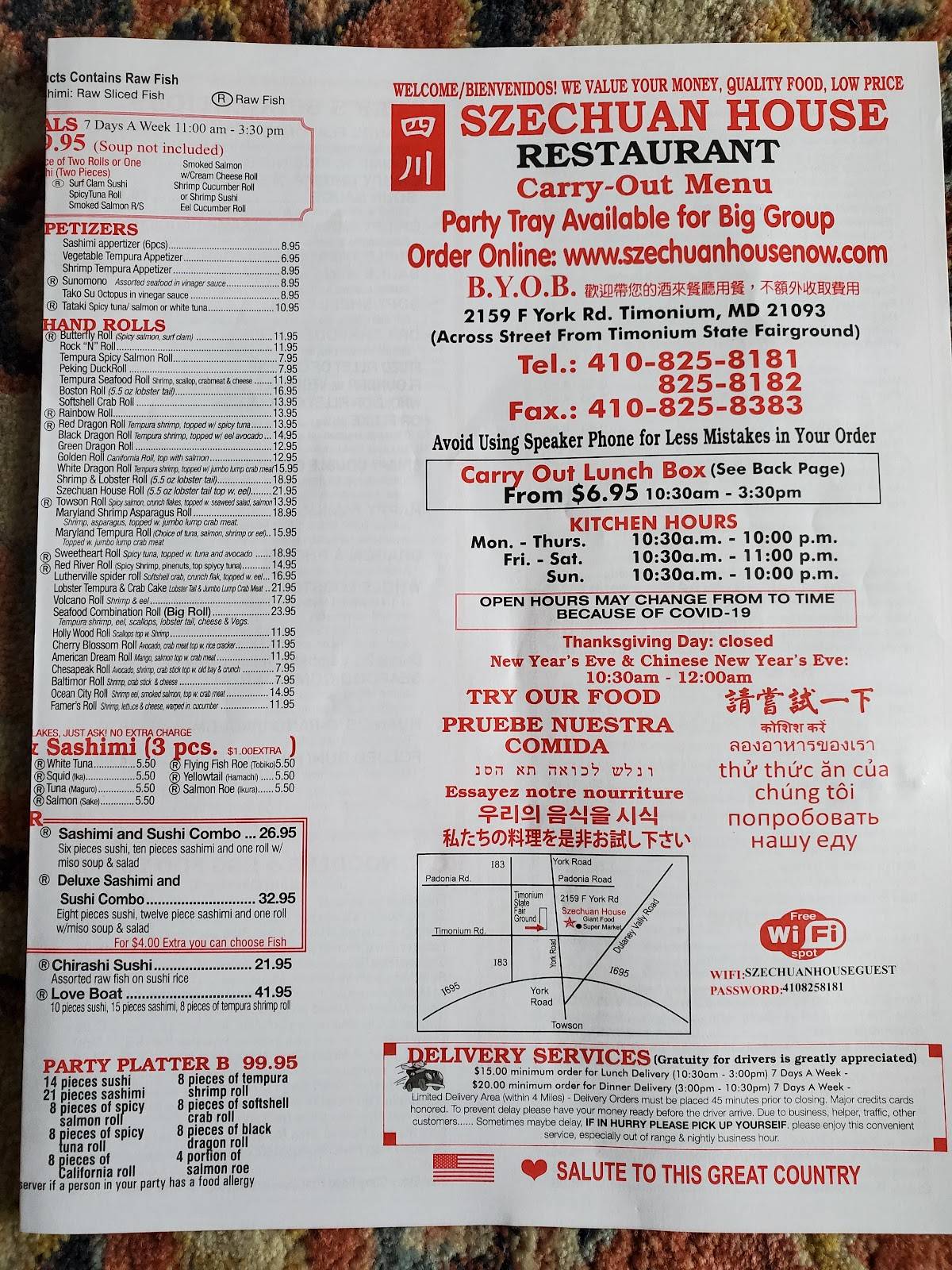 Menu at Szechuan House restaurant, Lutherville-Timonium, -F York Rd