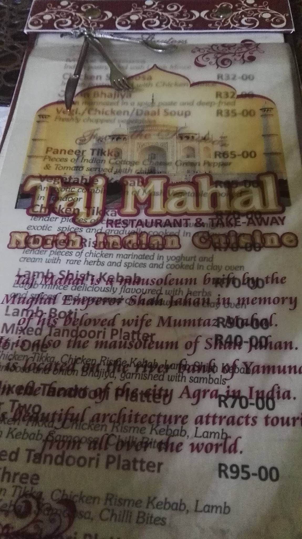 Menu at Taj Mahal restaurant, Centurion, 225 Jean Ave