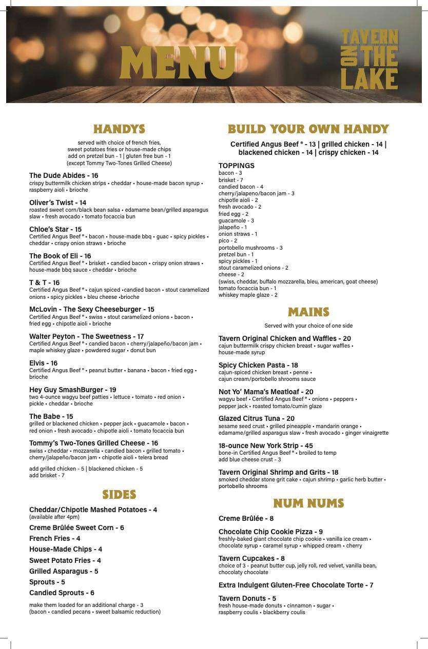Menu at Tavern on the Lake pub & bar, Hobart