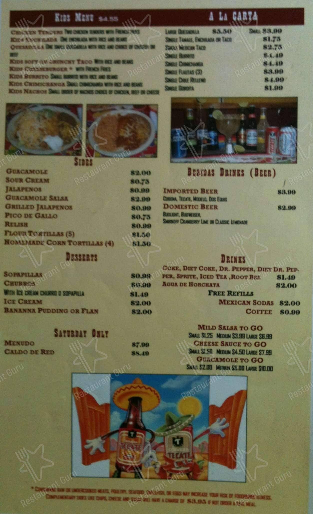 Menu at El Tepeyac restaurant, Blanchard, Veterans Memorial Hwy
