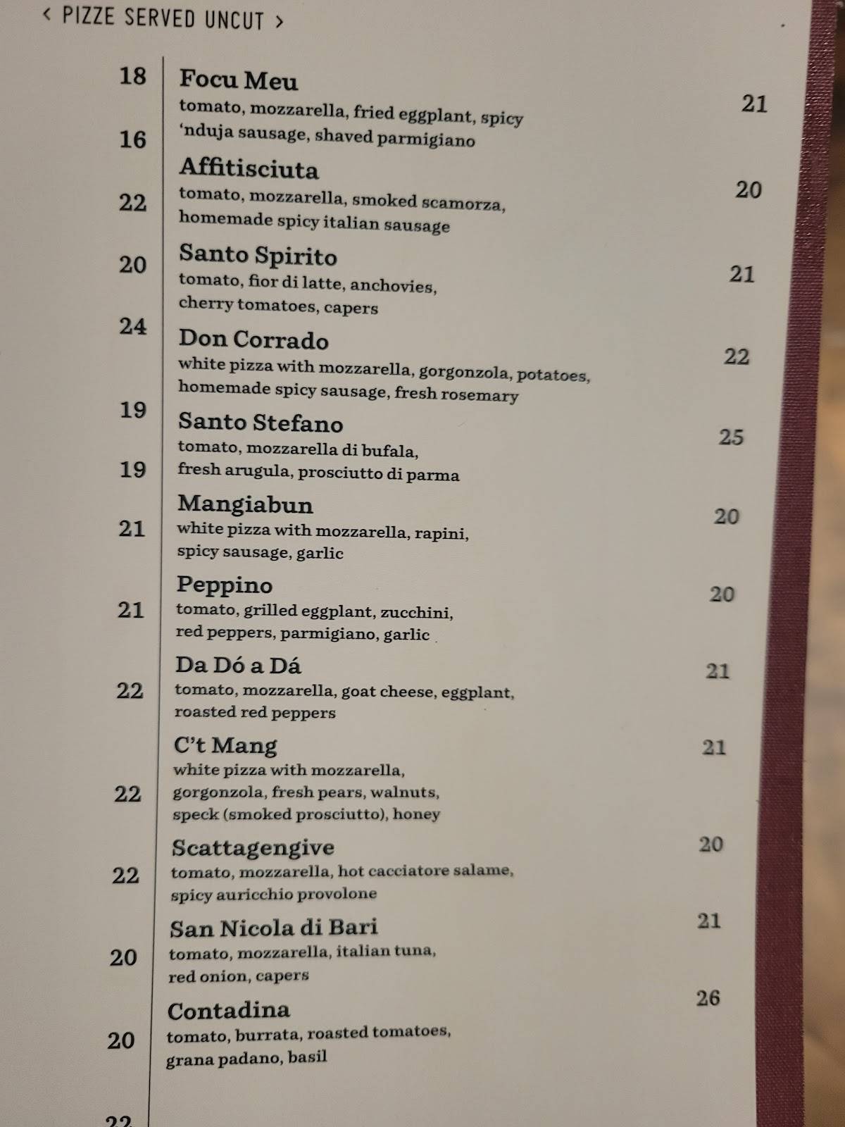 Menu at Terroni restaurant, Toronto, 57 Adelaide St E