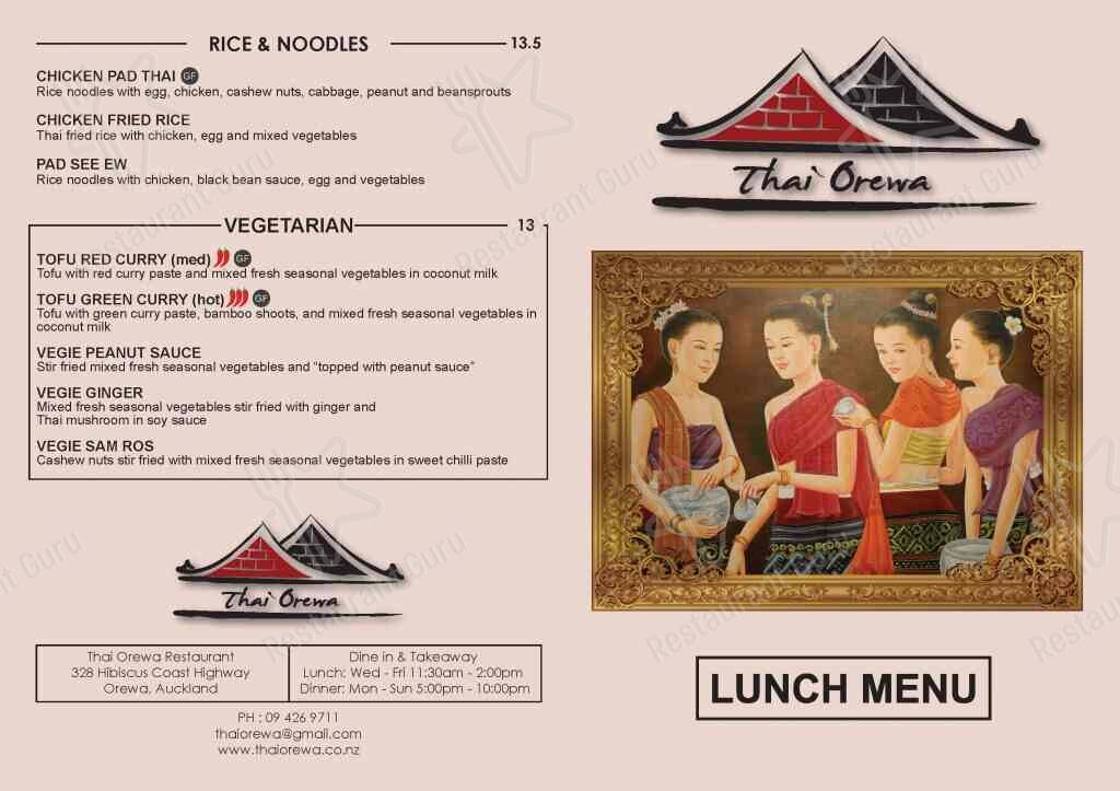Menu at Thai Orewa Restaurant, Orewa, 328 Hibiscus Coast Hwy
